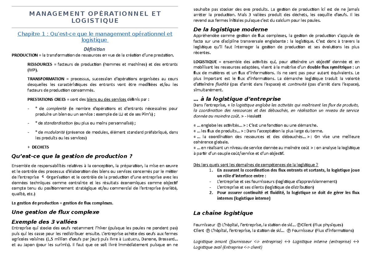 Fiche-Logistique - M A N A G E M E N T O P R AT I O N N E L E T LO G I S T I Q U E Chapitre 1 ...