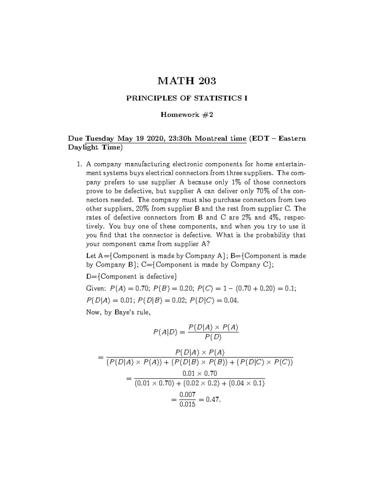 HW 2 S2020 SOL - Solution of Assignment 2-Summer 2020 - MATH 203 PRINCIPLES OF STATISTICS I ...