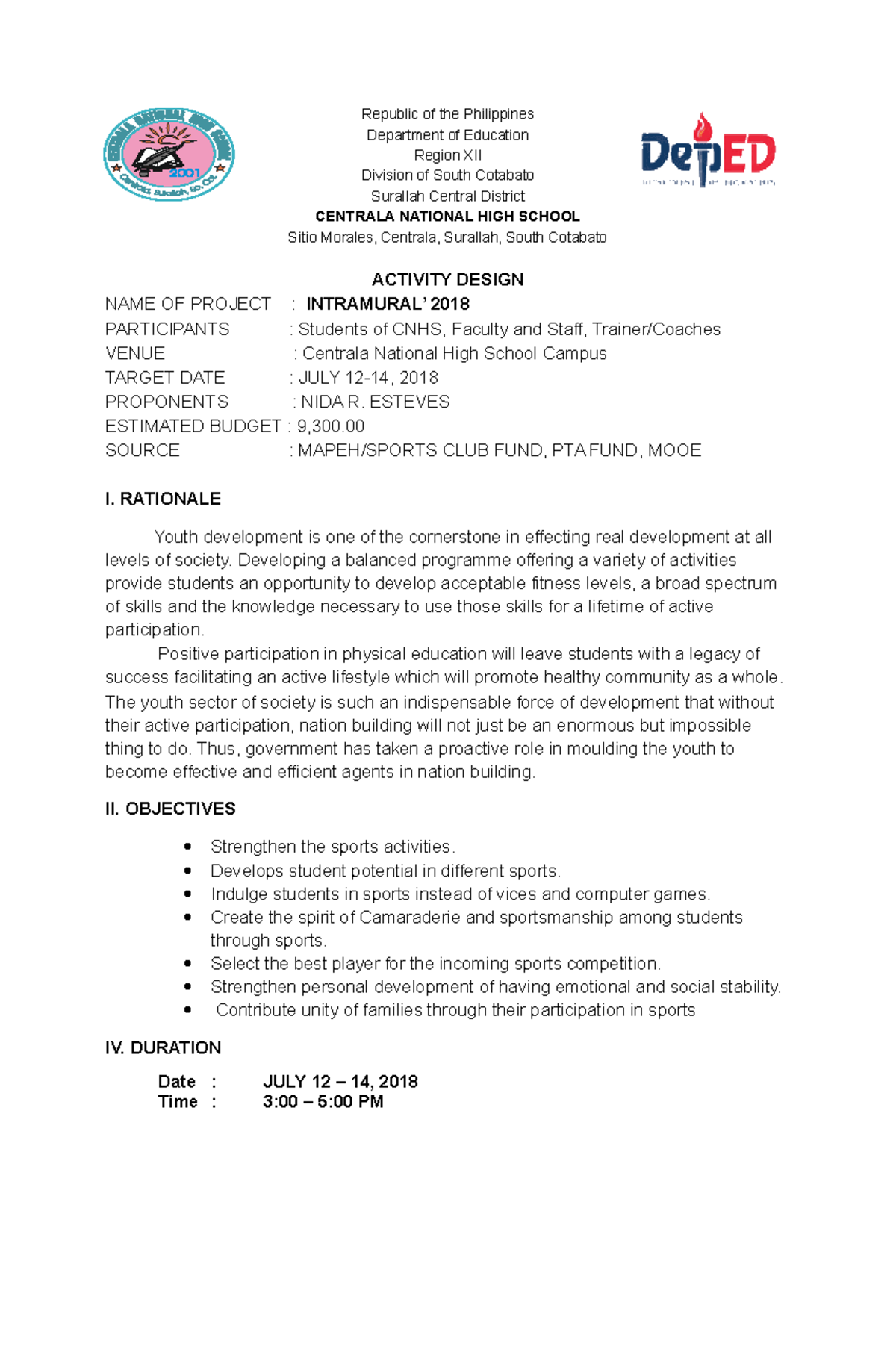 Activity-design- Intrams 2018 - Republic of the Philippines Department ...