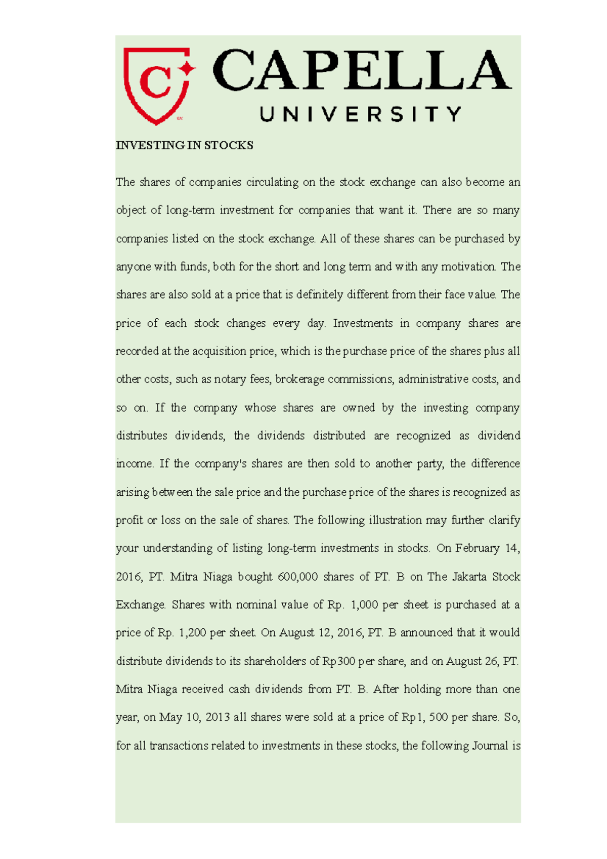 Notes Study Accounting - Investing IN Stocks - INVESTING IN STOCKS The ...
