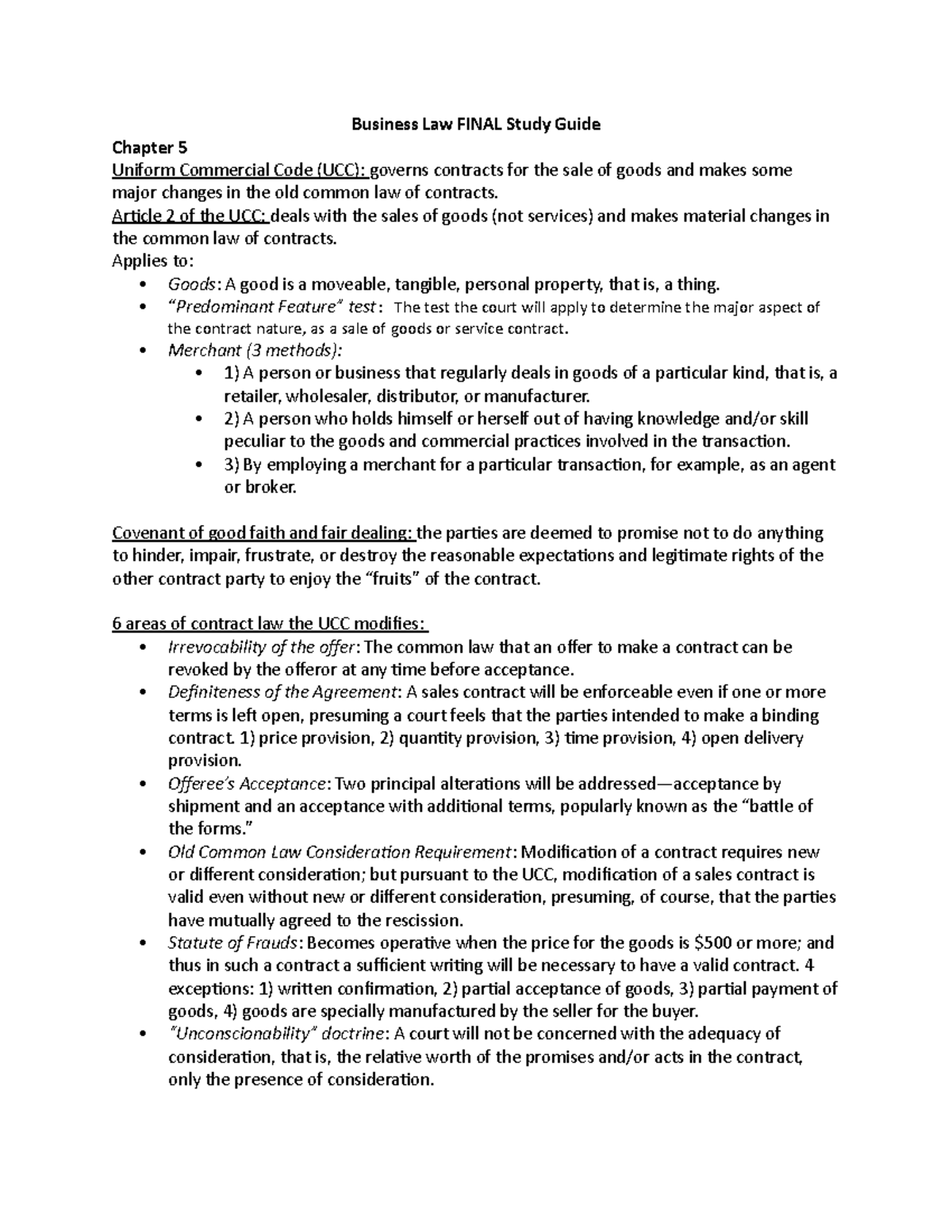 Final BL - Business Law FINAL Study Guide Chapter 5 Uniform Commercial ...