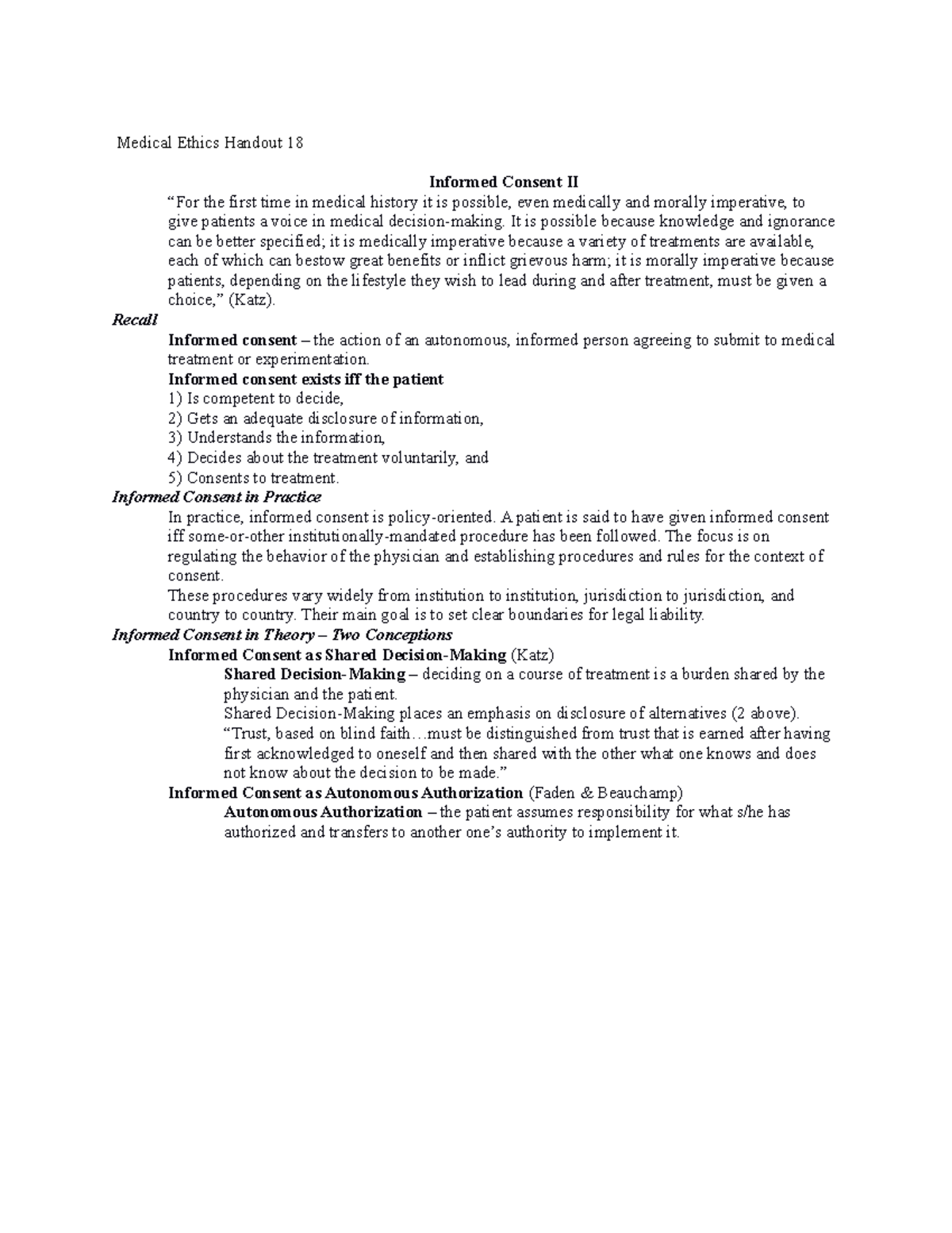 10.17 Handout - Informed Consent II - Medical Ethics Handout 18 ...