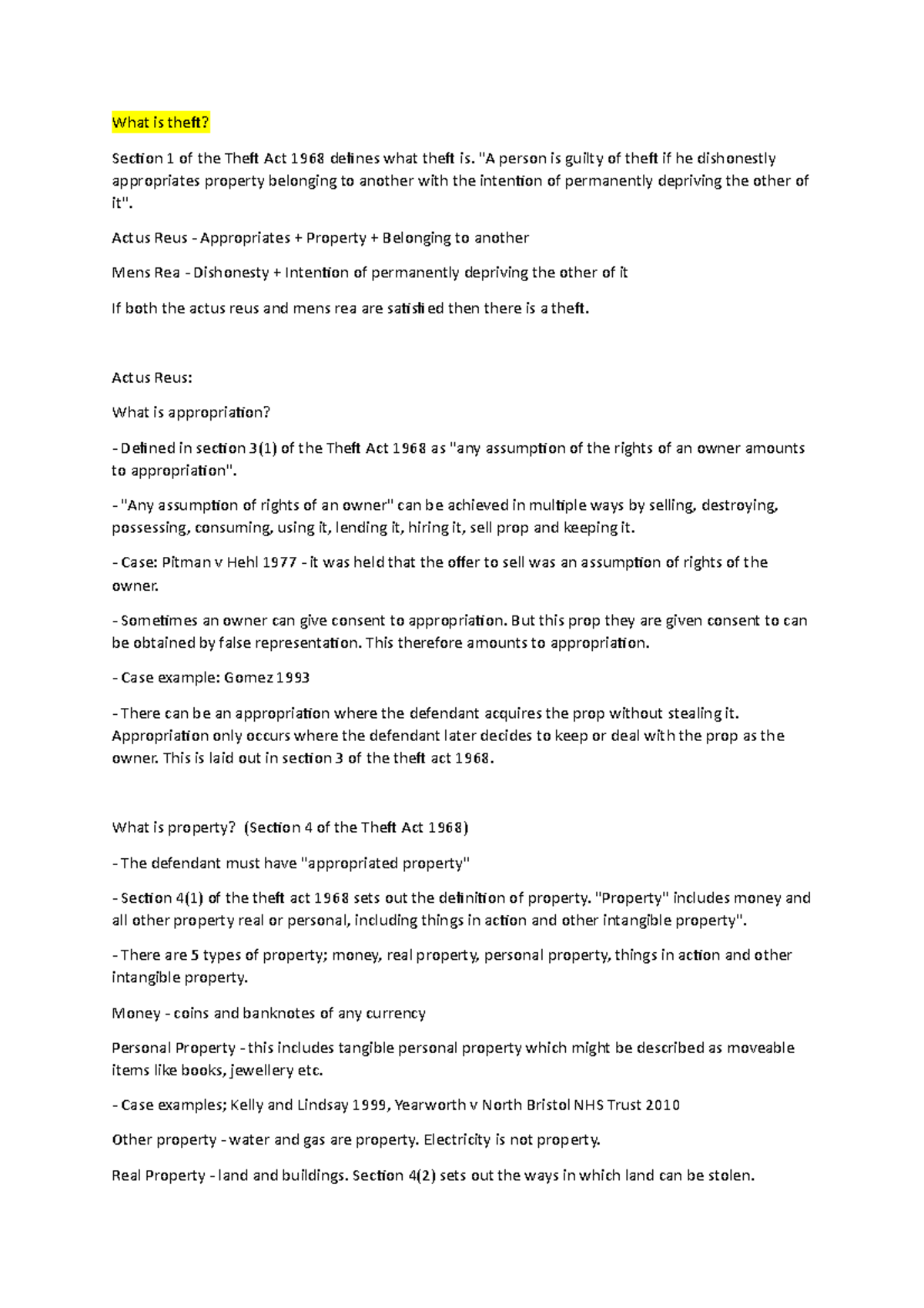 Criminal law theft - Lecture 1 - What is theft? Section 1 of the Theft ...