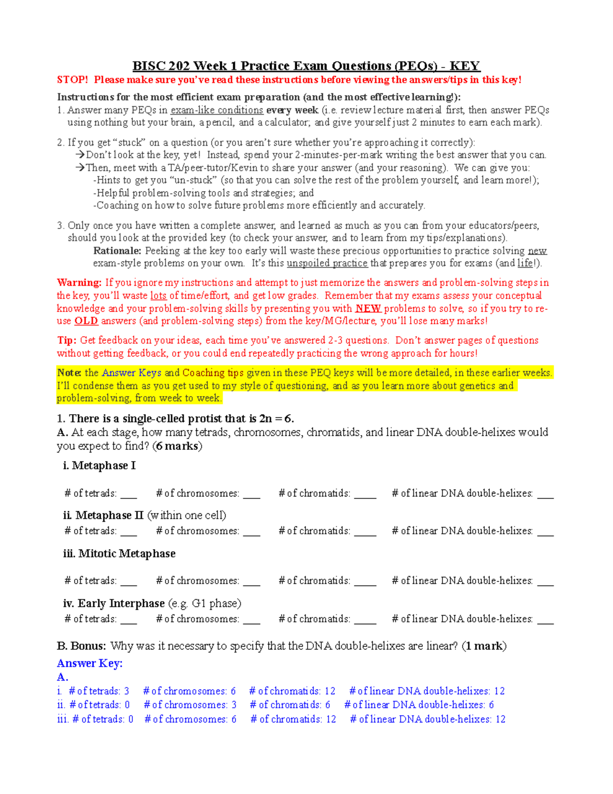 Week 1 PEQs Key - BISC 202 Week 1 Practice Exam Questions (PEQs) - KEY ...