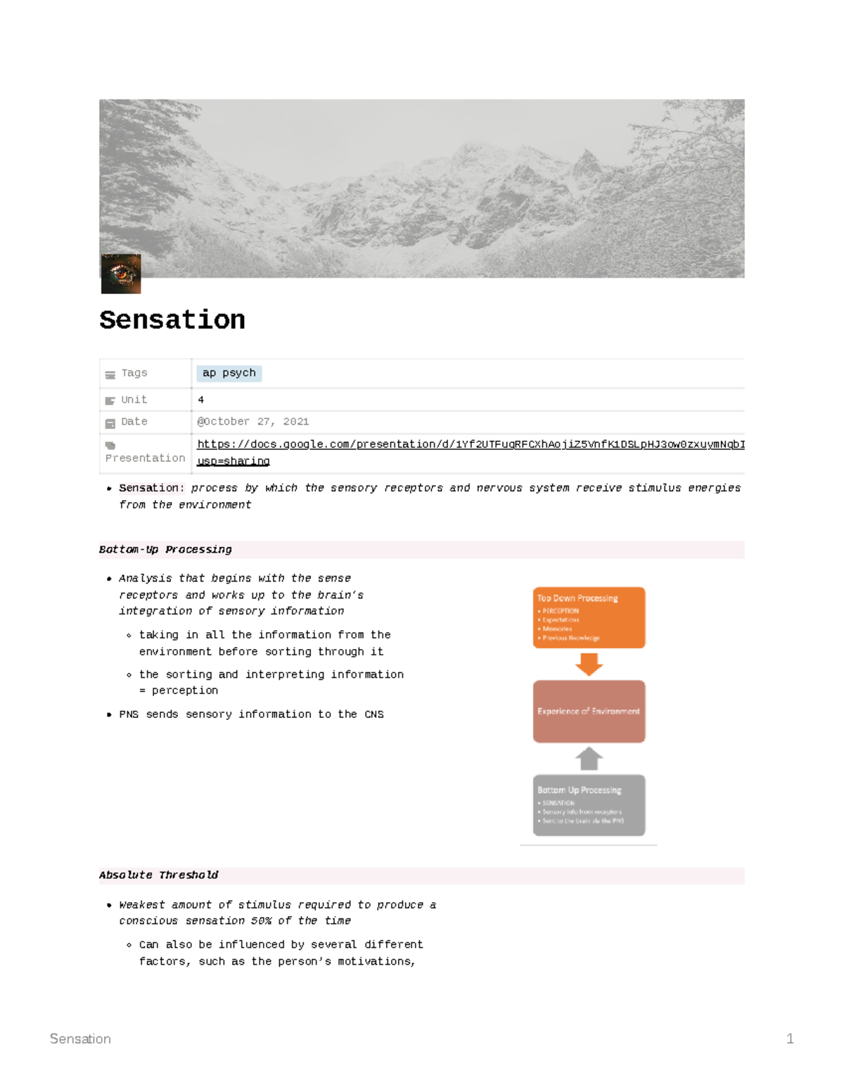 Sensation - Sensation Tags ap psych Unit 4 Date Presentation - Studocu