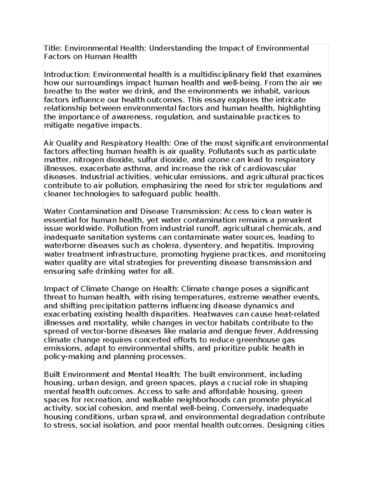 Environmental Health Understanding the Impact of Environmental Factors ...