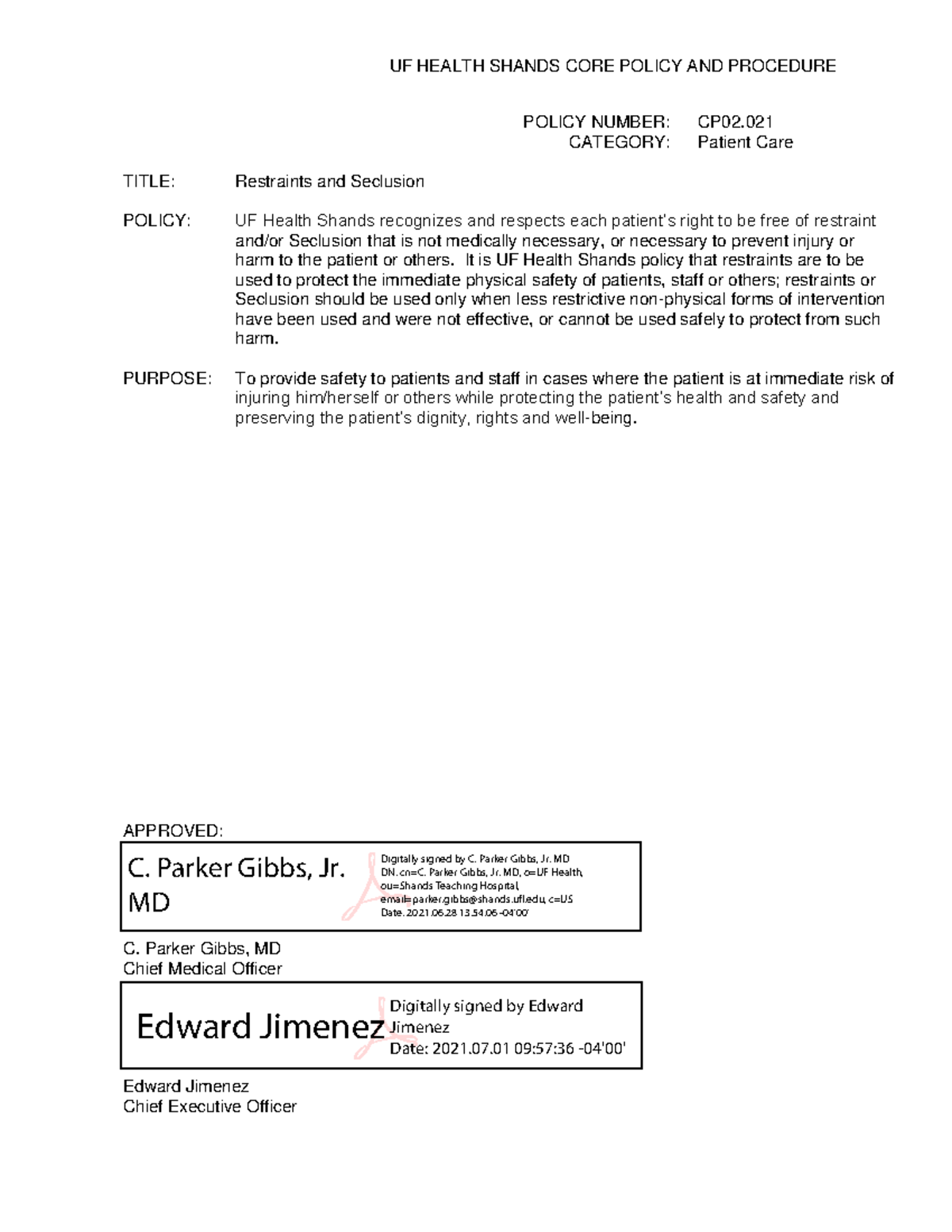 Restraints - notes - UF HEALTH SHANDS CORE POLICY AND PROCEDURE POLICY ...
