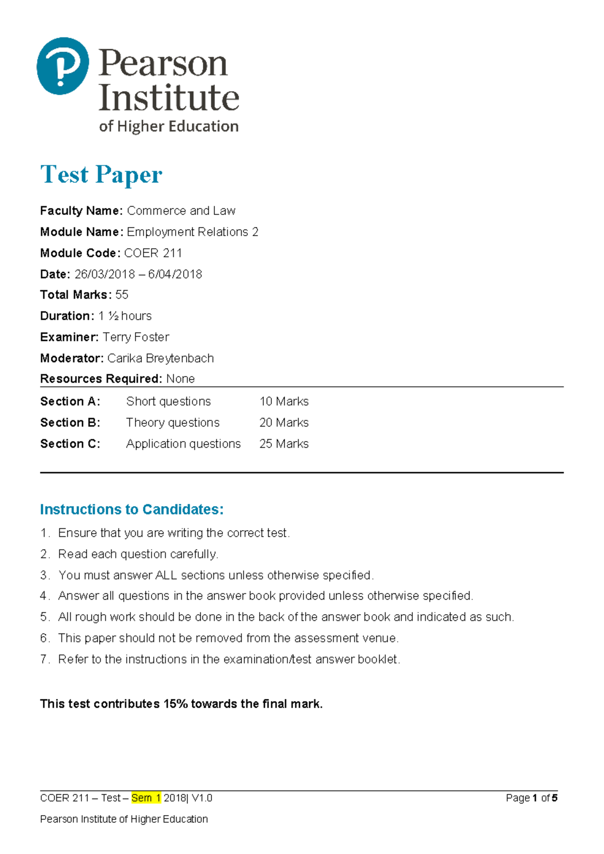 2018 COER 211 Test Paper (V1.0) - edited - Test Paper Faculty Name ...
