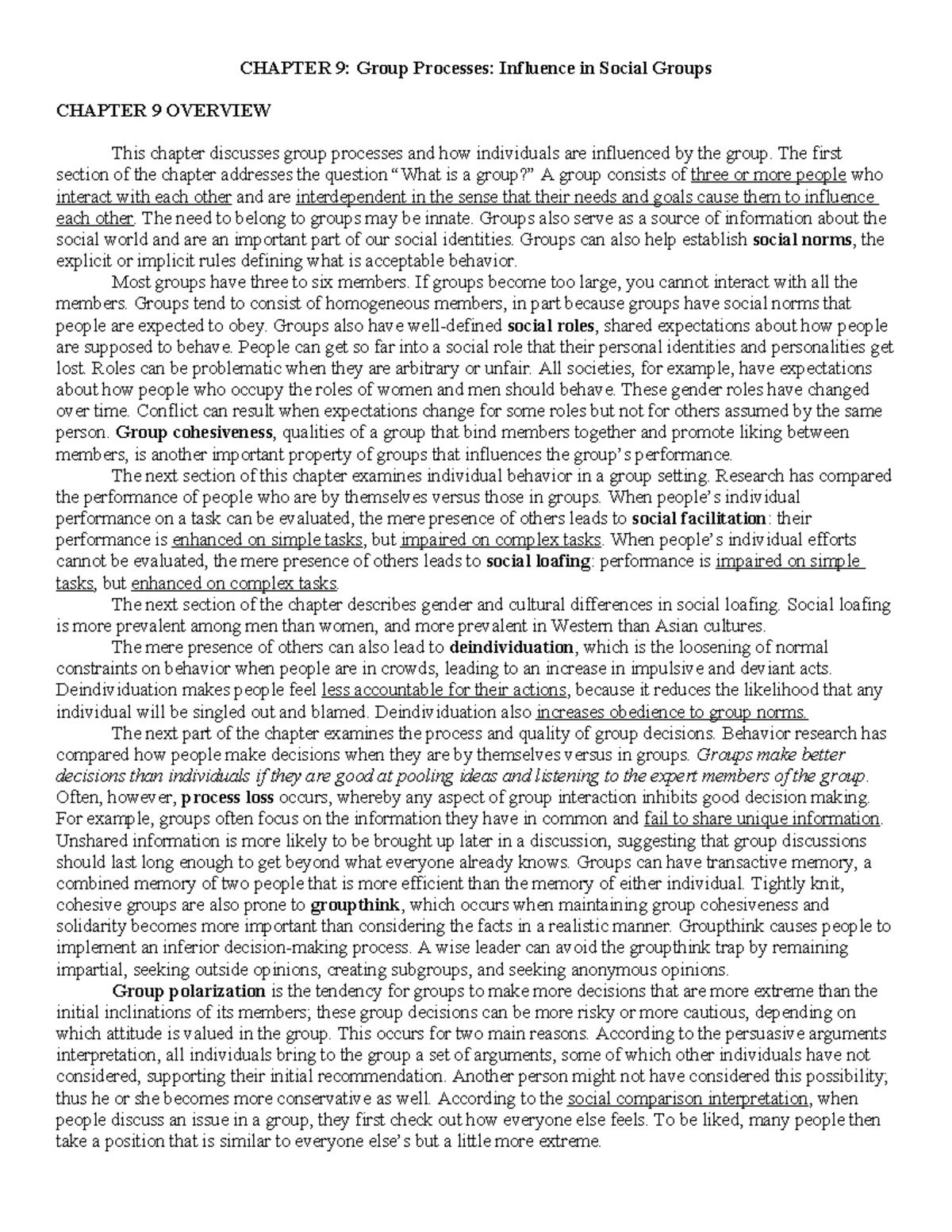 Chapter 9 Chapter Review - CHAPTER 9: Group Processes: Influence in Social Groups CHAPTER 9 ...