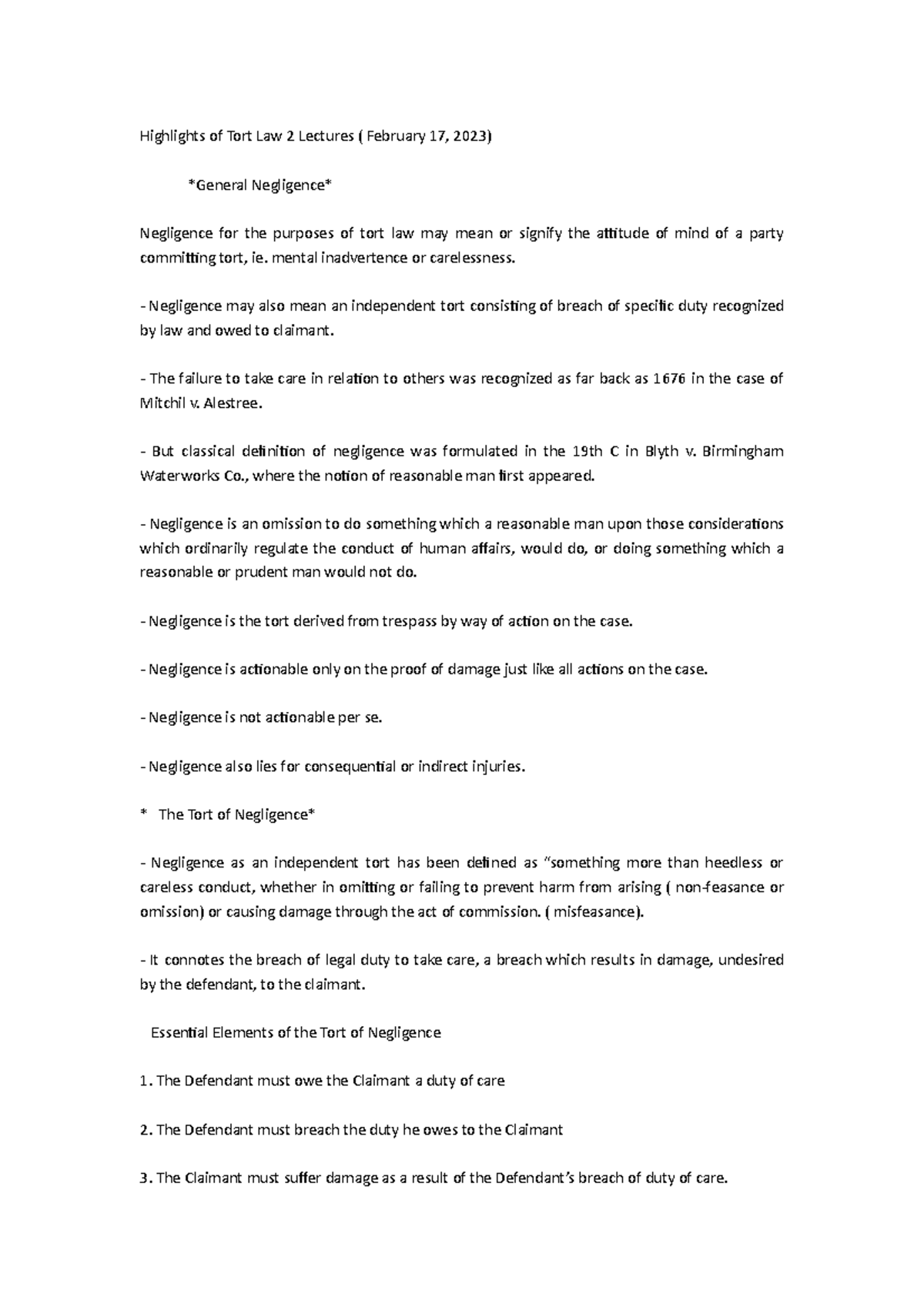 Tort Law - Negligence - lecture notes detailed - Highlights of Tort Law ...