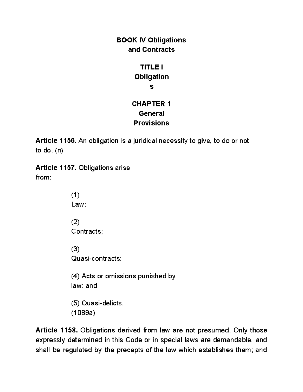 Civil Code - Law on Obligations and Contracts - BOOK IV Obligations and ...