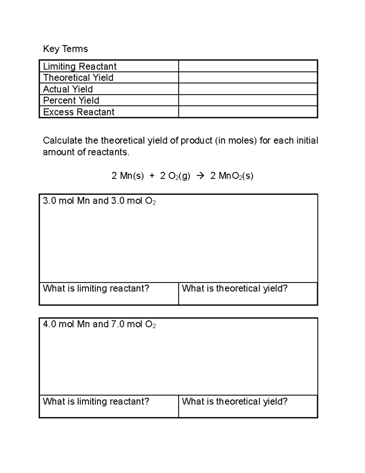 Theoretical Yield Practice MC - Key Terms Limiting Reactant Theoretical ...