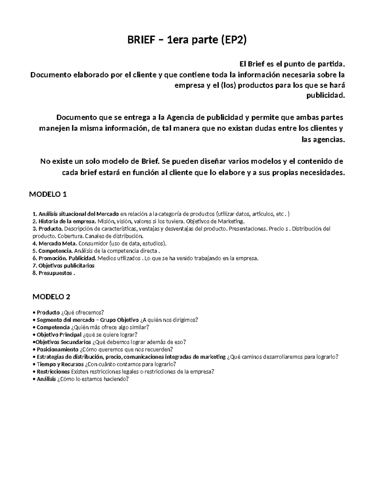 Modelos de brief - BRIEF – 1era parte (EP2) El Brief es el punto de ...