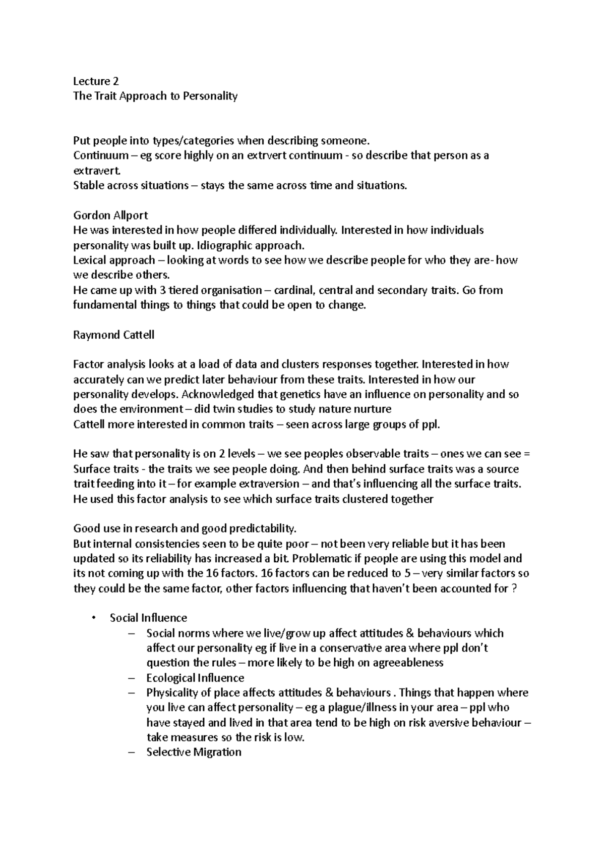 Lecture 2 Notes Trait Approach Lecture 2 The Trait Approach To