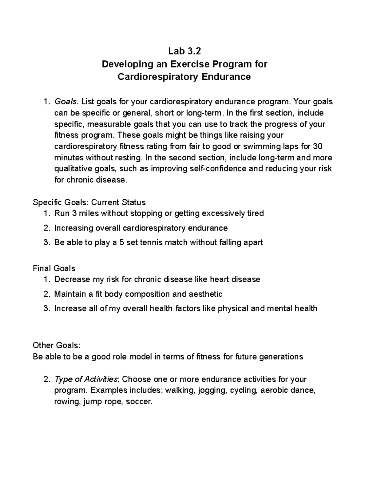 Lab 3.2 Developing an Exercise Program for Cardiorespitory Endurance - Lab 3. Developing an ...