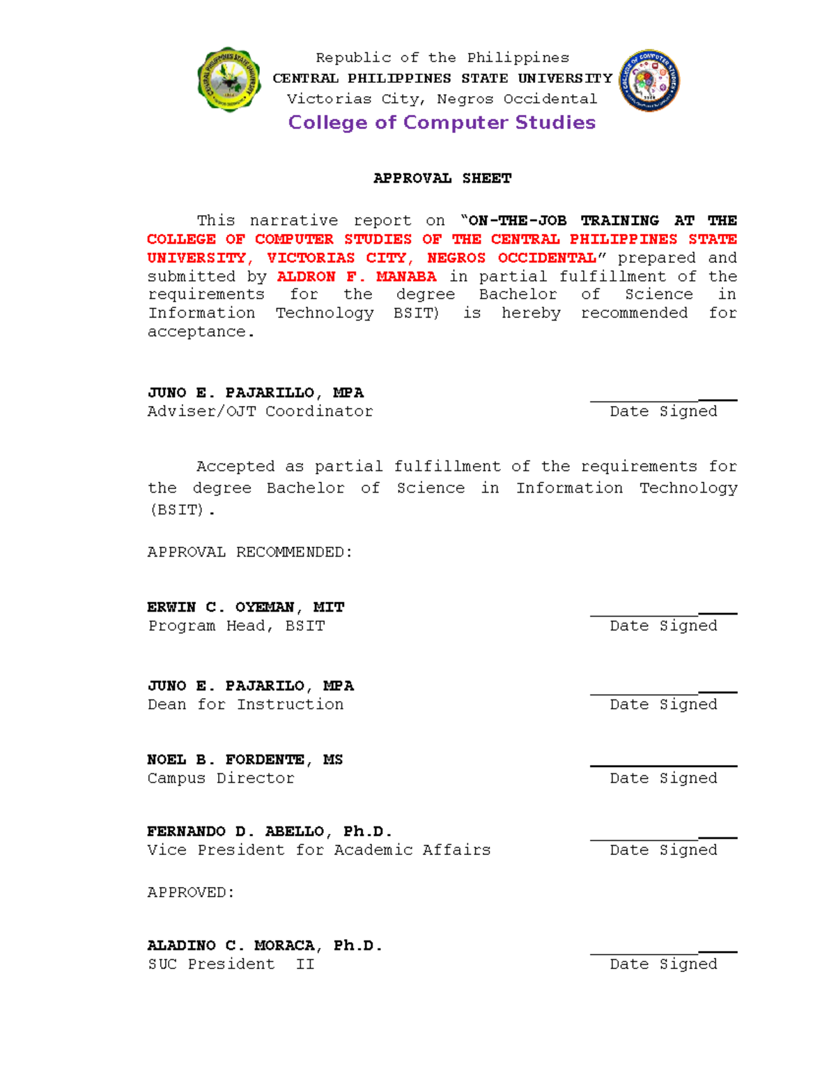 Approval- Sheet - Republic of the Philippines CENTRAL PHILIPPINES STATE ...