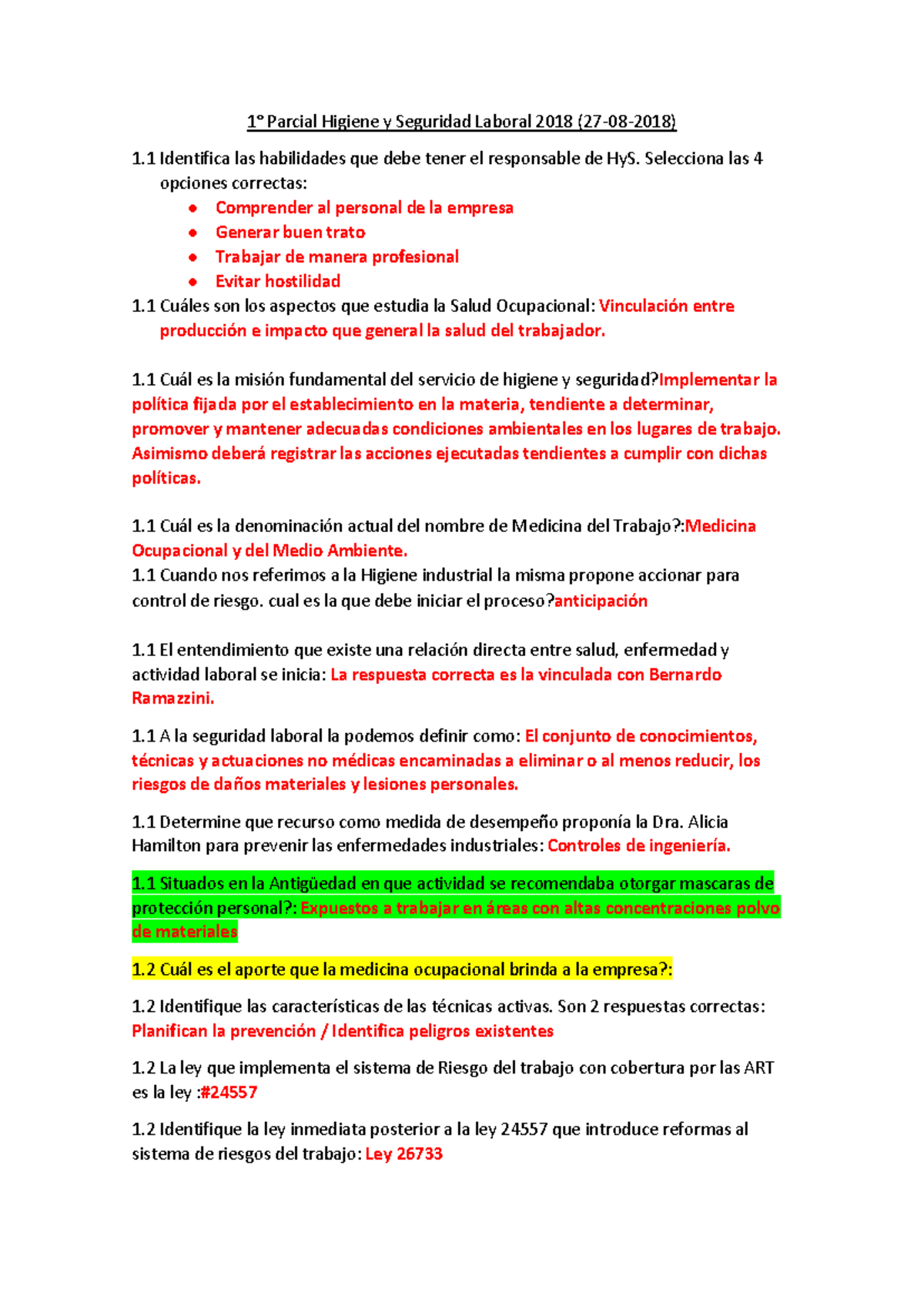 Preg hys - Preguntero completo - 1° Parcial Higiene y Seguridad Laboral 2018 (27- 08 - 2018) 1 ...