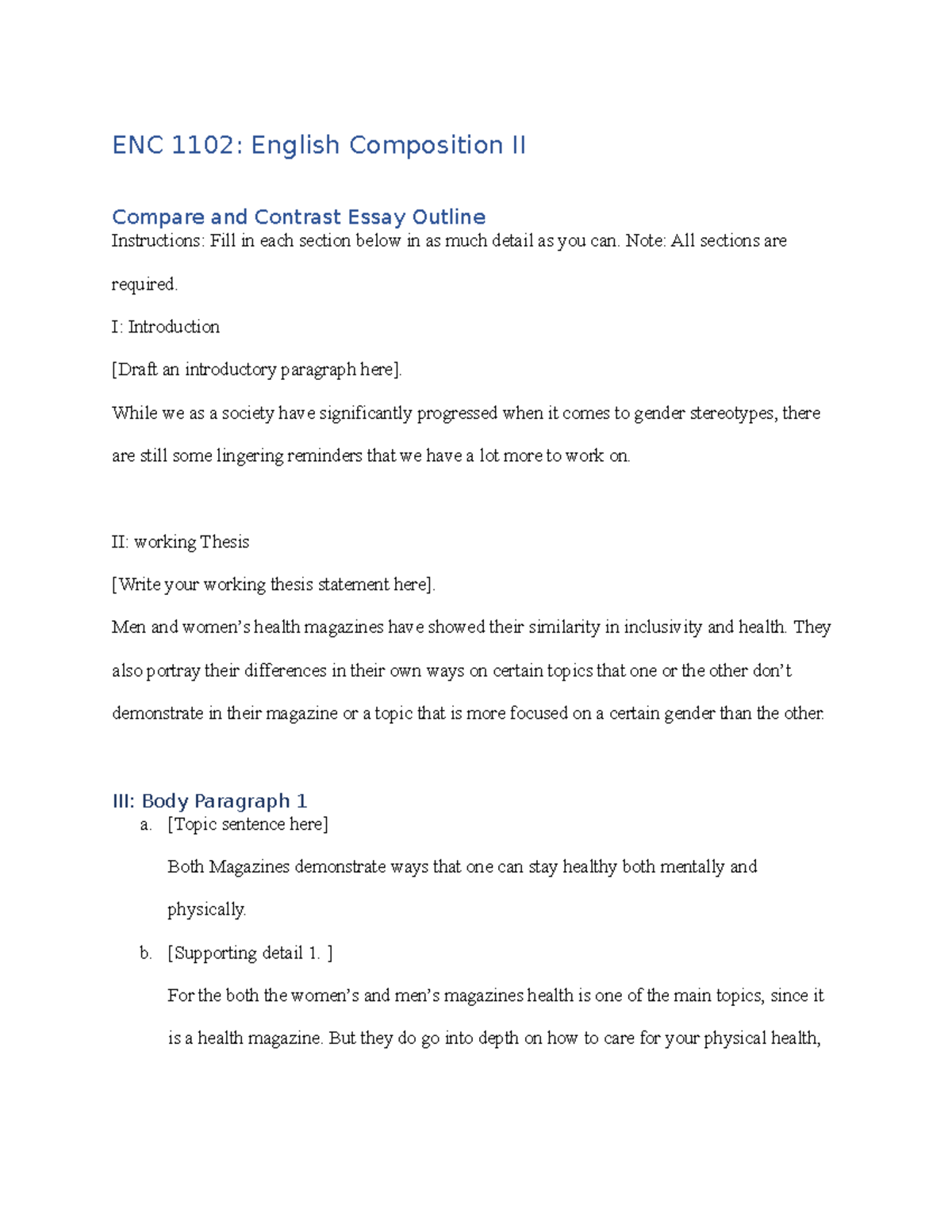ENC 1102 Compare and contrast Essay outline worksheet - ENC 1102 ...