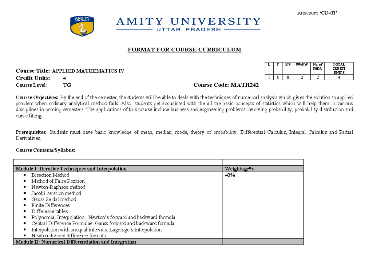 Math Syllabus - Summary Applied Mathematics- III - Annexure ‘CD-01 ...