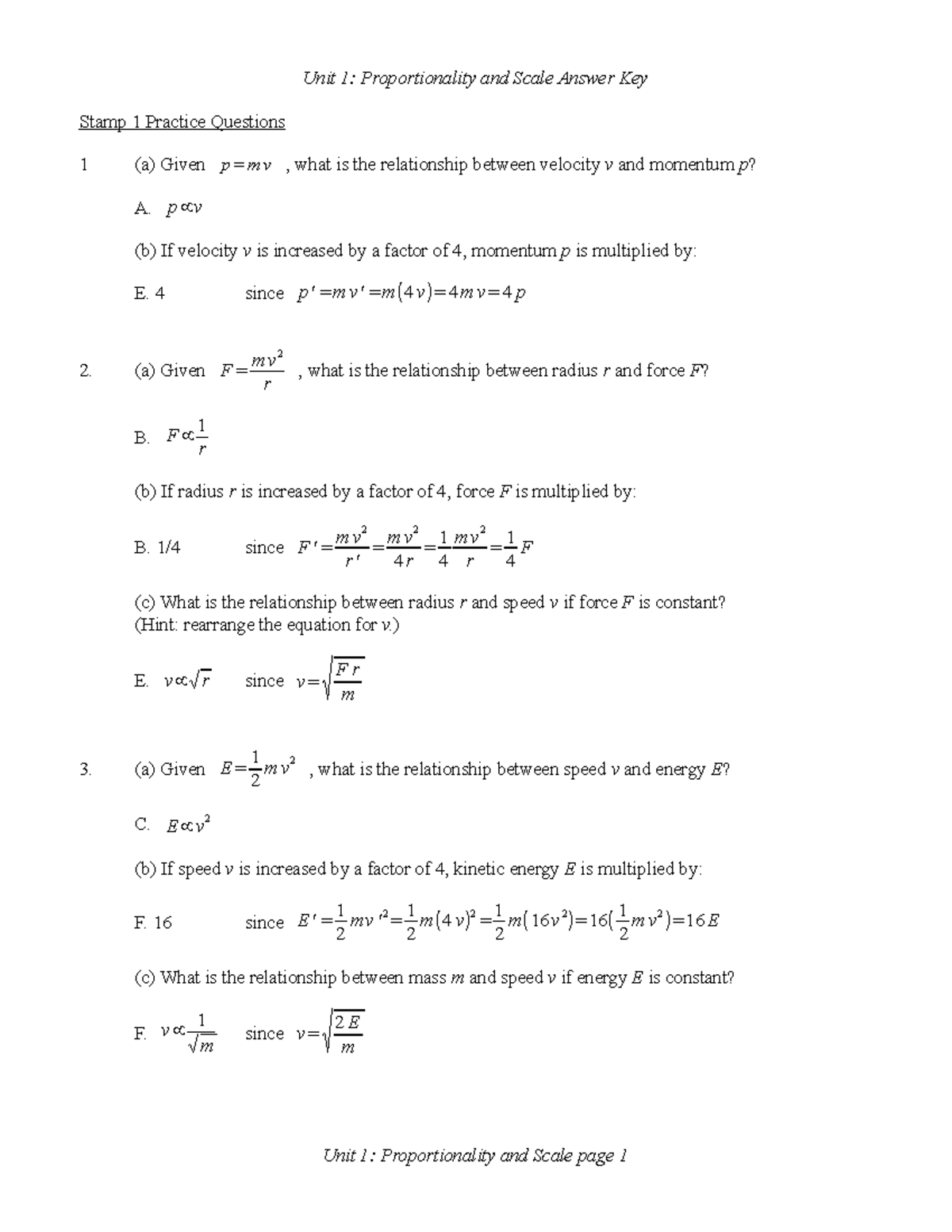 Unit 1 Proportionality and Scale Answer Key V3 - Stamp 1 Practice ...