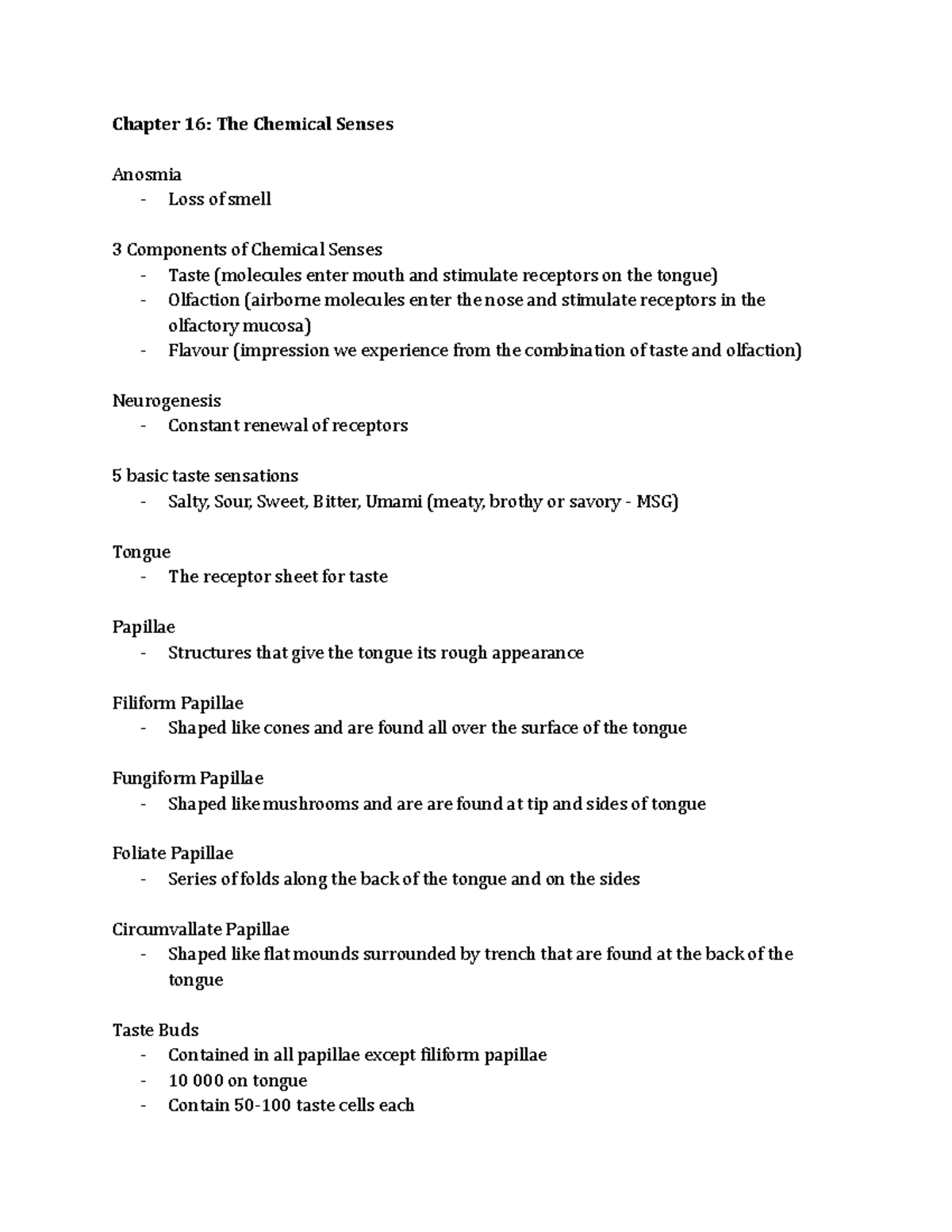 PSYCH 367 Textbook Notes Chapter 16 The Chemical Senses - Chapter 16 ...