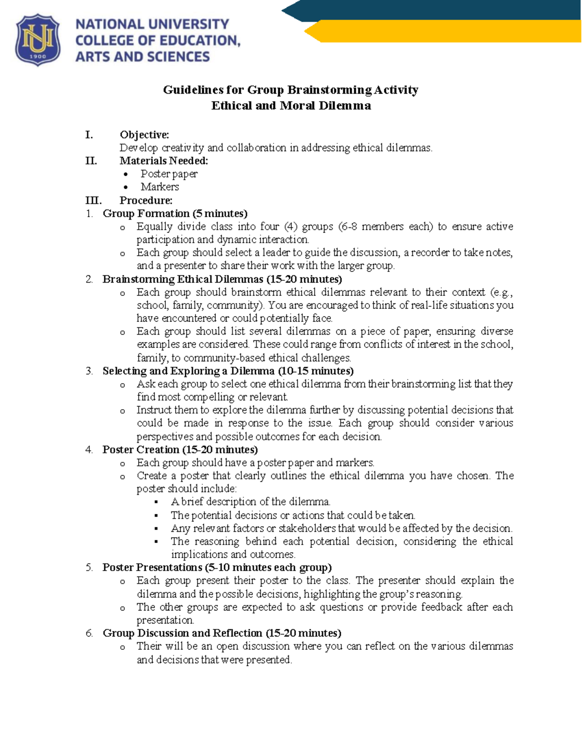 Ethics Lesson 2 Activity compress - Guidelines for Group Brainstorming ...