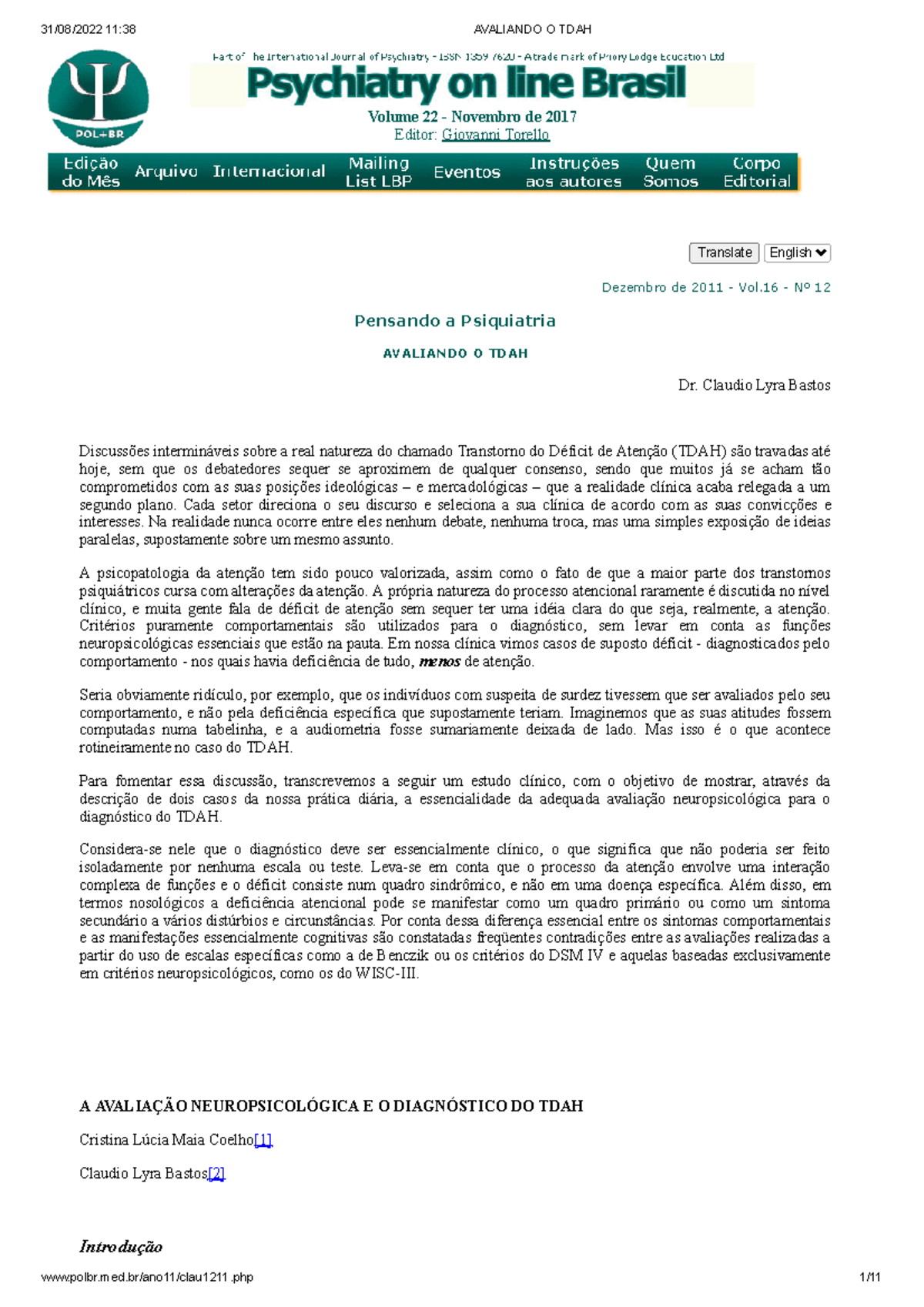 Avaliando O TDAH - texto - Translate English Dezembro de 2011 - Vol ...