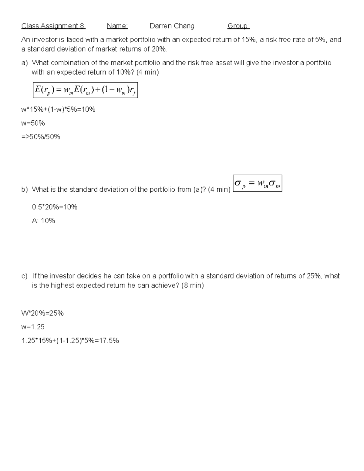 Class Assignment 8 (Week 10) - RIsk and Return 1 - Basics and CML-1 ...