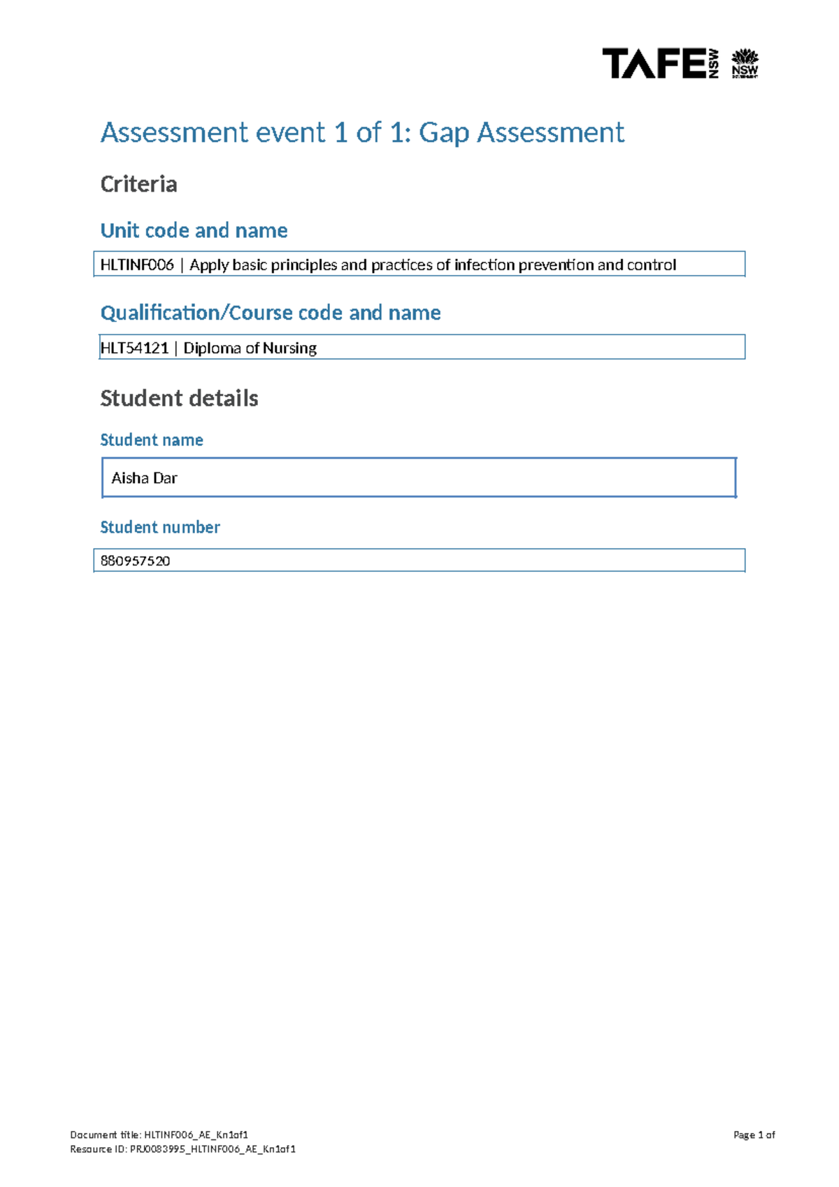 Hltinf006 HYGIENE - Assessment event 1 of 1: Gap Assessment Criteria ...