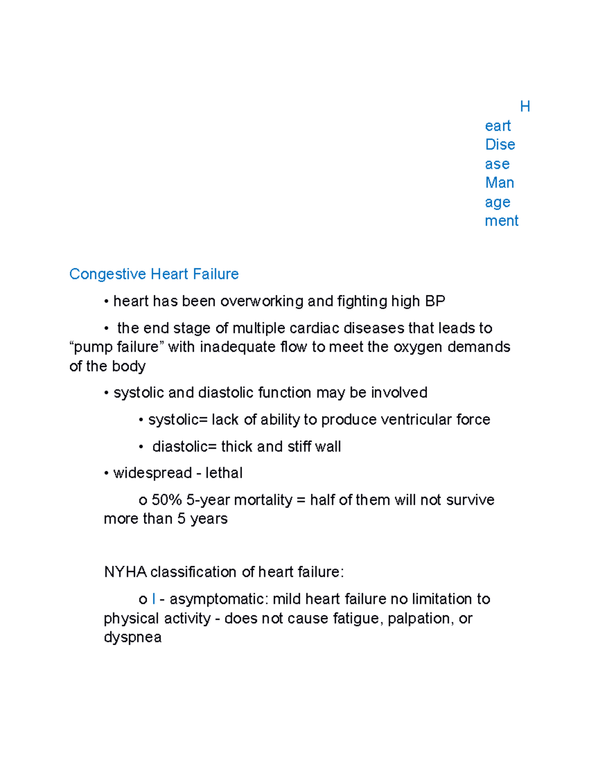 Congestive Heart Failure, NYHA classification of heart failure, I-V ...