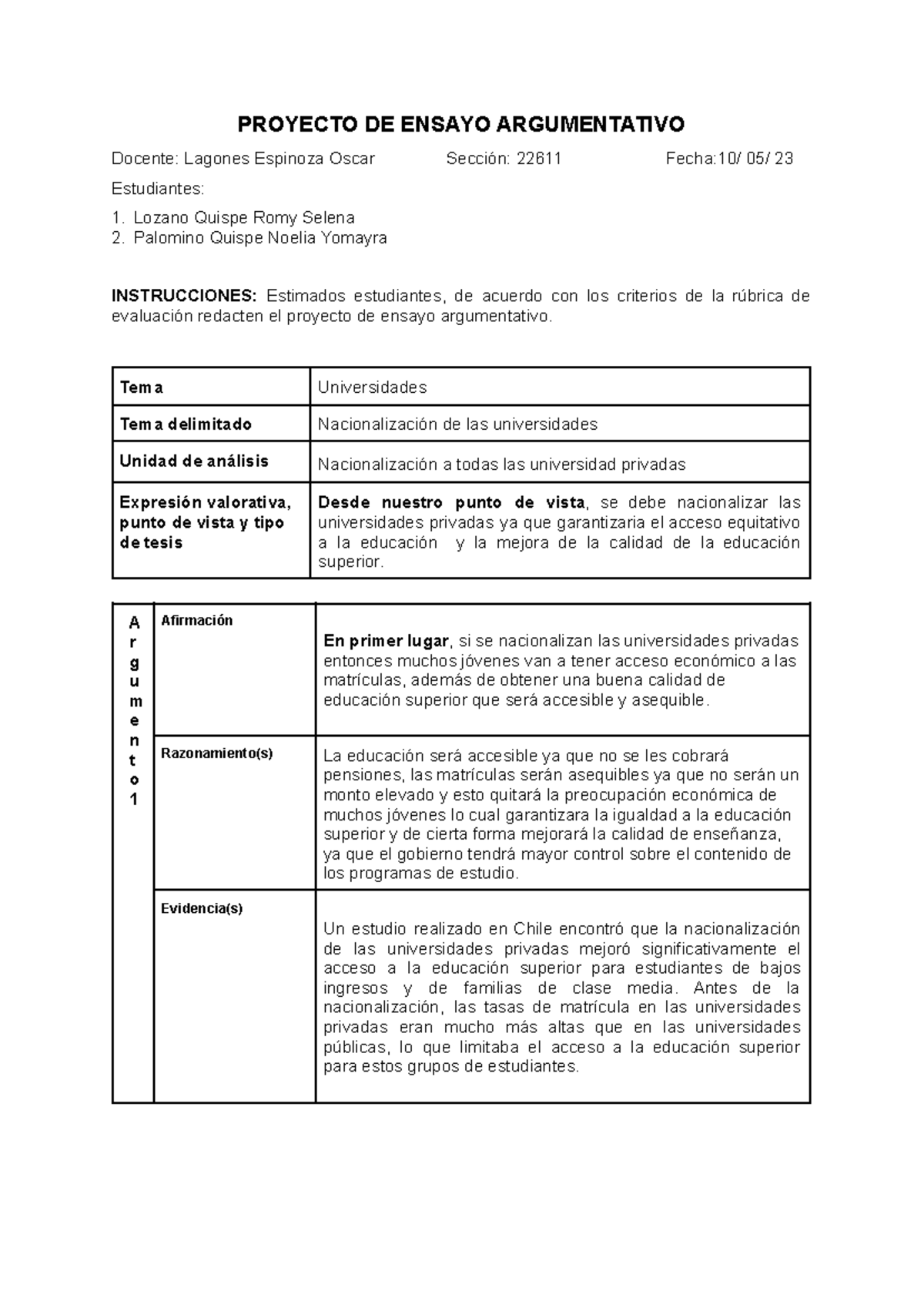 Proyecto DE Ensayo Argumentativo - PROYECTO DE ENSAYO ARGUMENTATIVO ...
