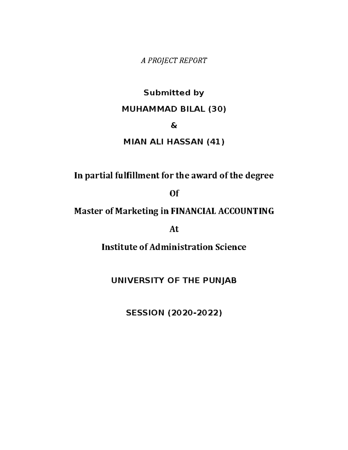 WORD Accounting Project - A PROJECT REPORT Submitted by MUHAMMAD BILAL ...