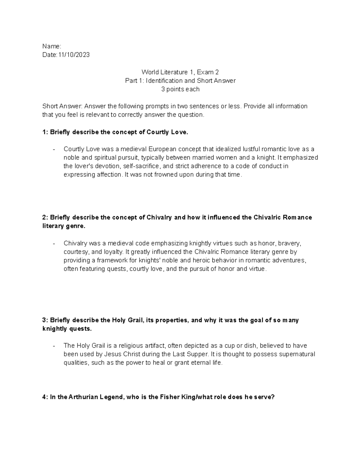 EN 231 Arthurian Exam - exam - Name: Date:11/10/ World Literature 1 ...