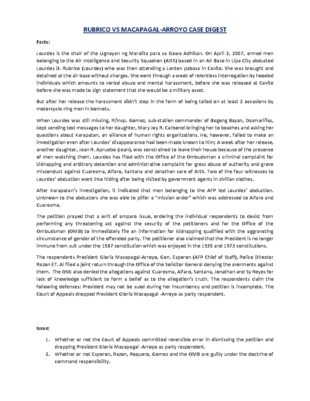 Rubrico VS Macapagal - swasfdsfsd - RUBRICO VS MACAPAGAL-ARROYO CASE DIGEST Facts: Lourdes is ...