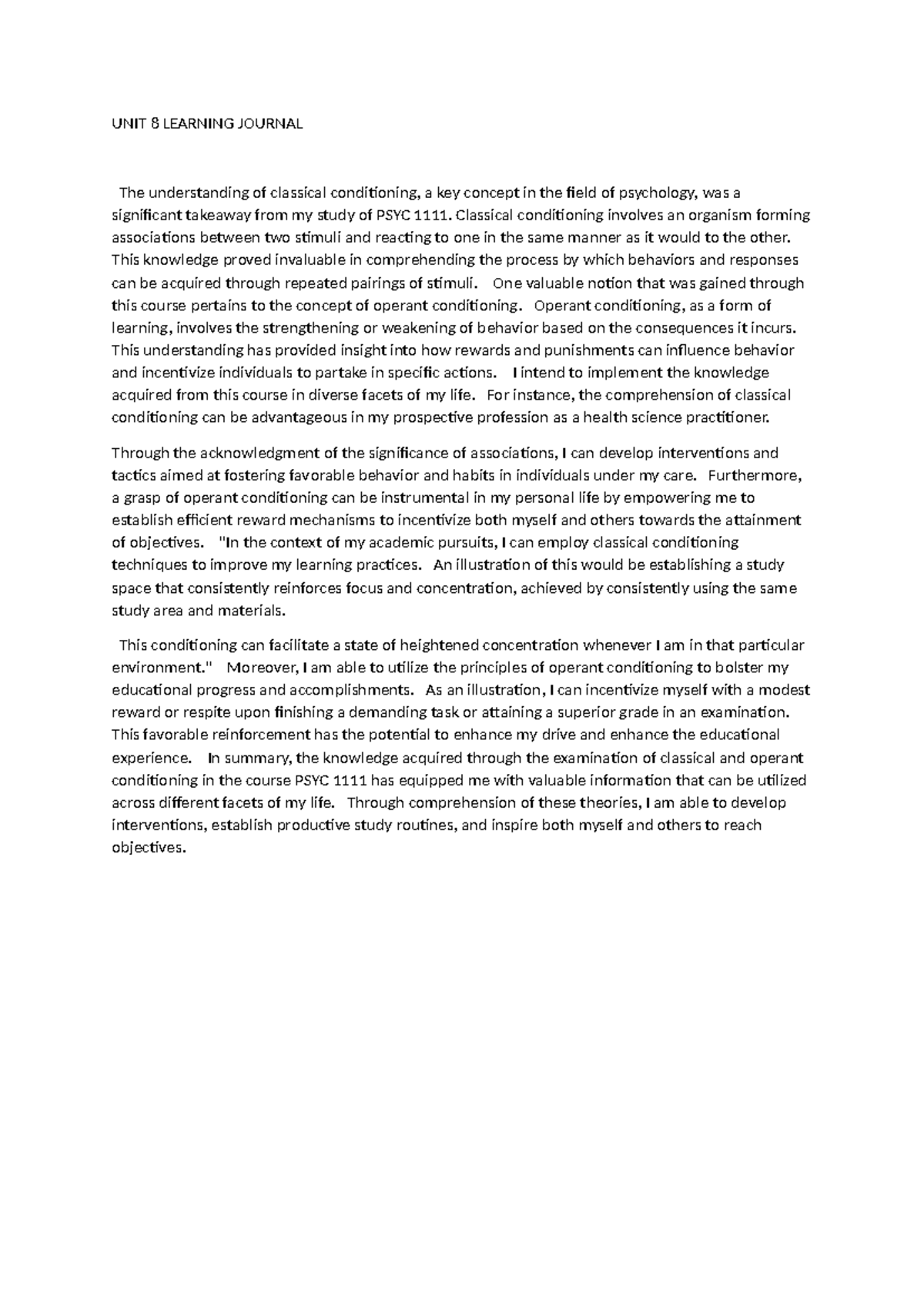 Unit 8 learning journal PSYC - UNIT 8 LEARNING JOURNAL The ...