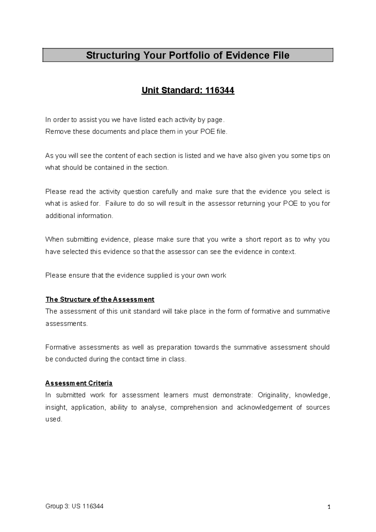 Portfolio of Evidence Guide US 116344 Revised rr - Structuring Your ...