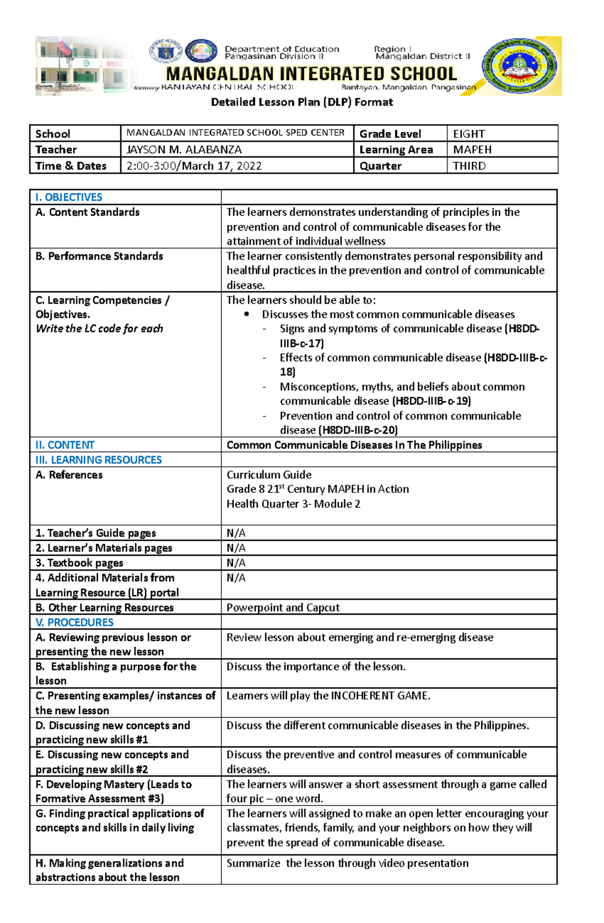 Dlpco 1-2022 - lesson plan - Detailed Lesson Plan (DLP) Format School ...