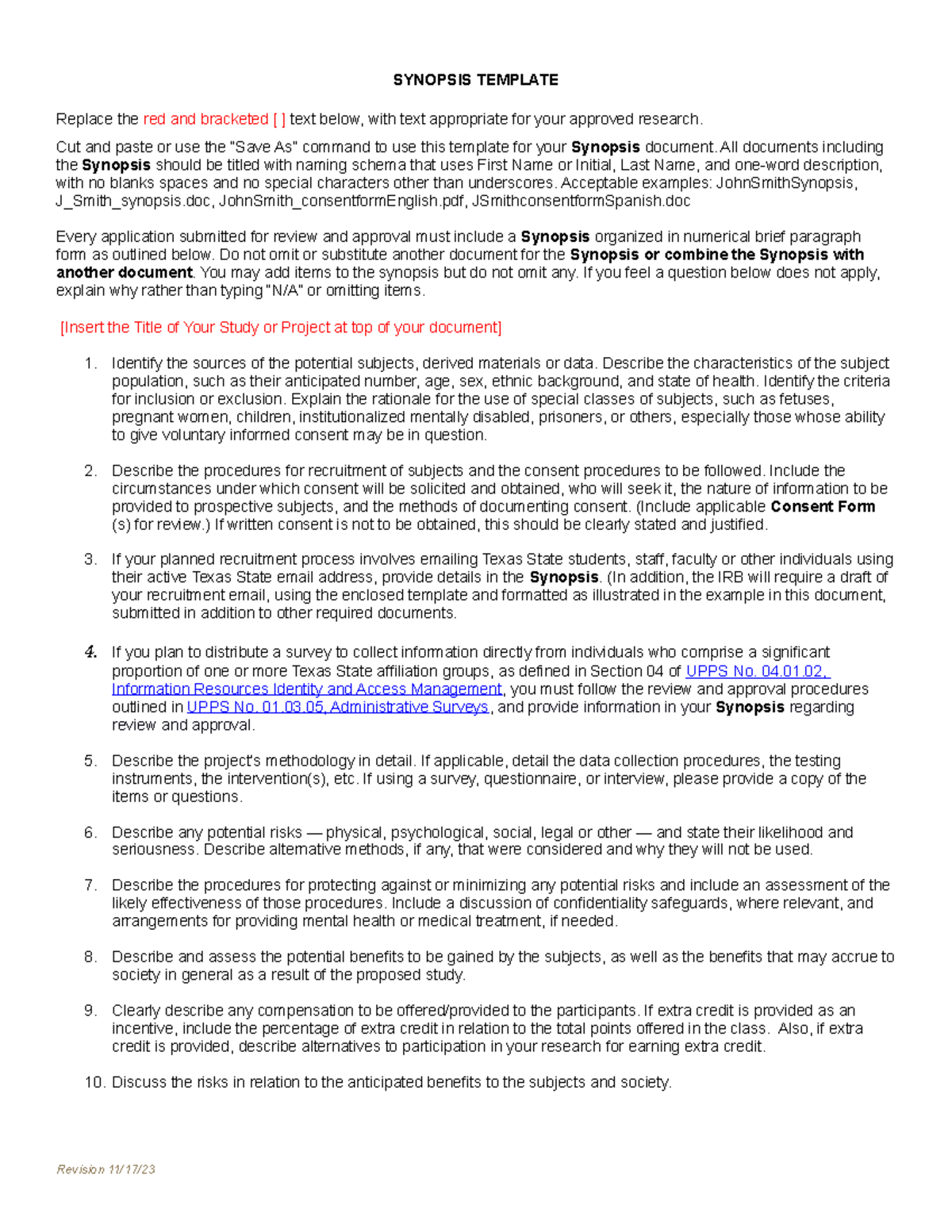 Synopsis Template - SYNOPSIS TEMPLATE Replace the red and bracketed ...