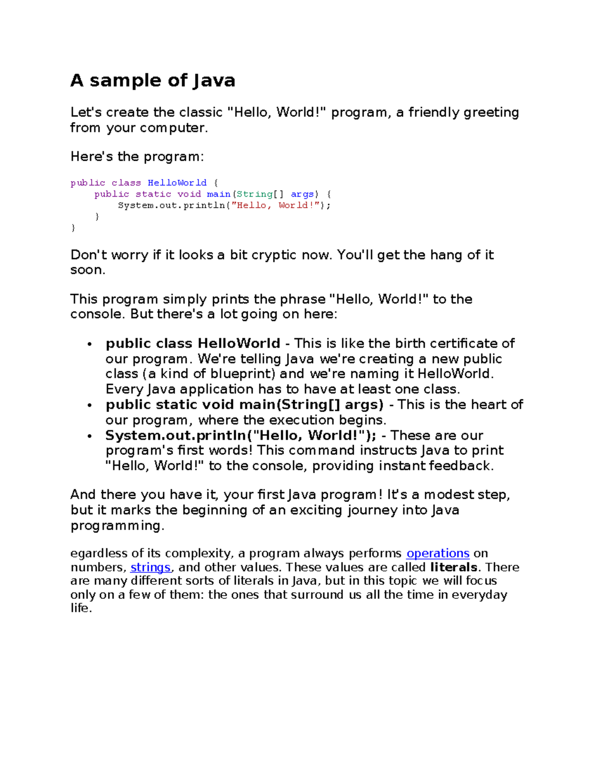 A sample of Java - Information - A sample of Java Let's create the classic "Hello, World!" - Studocu