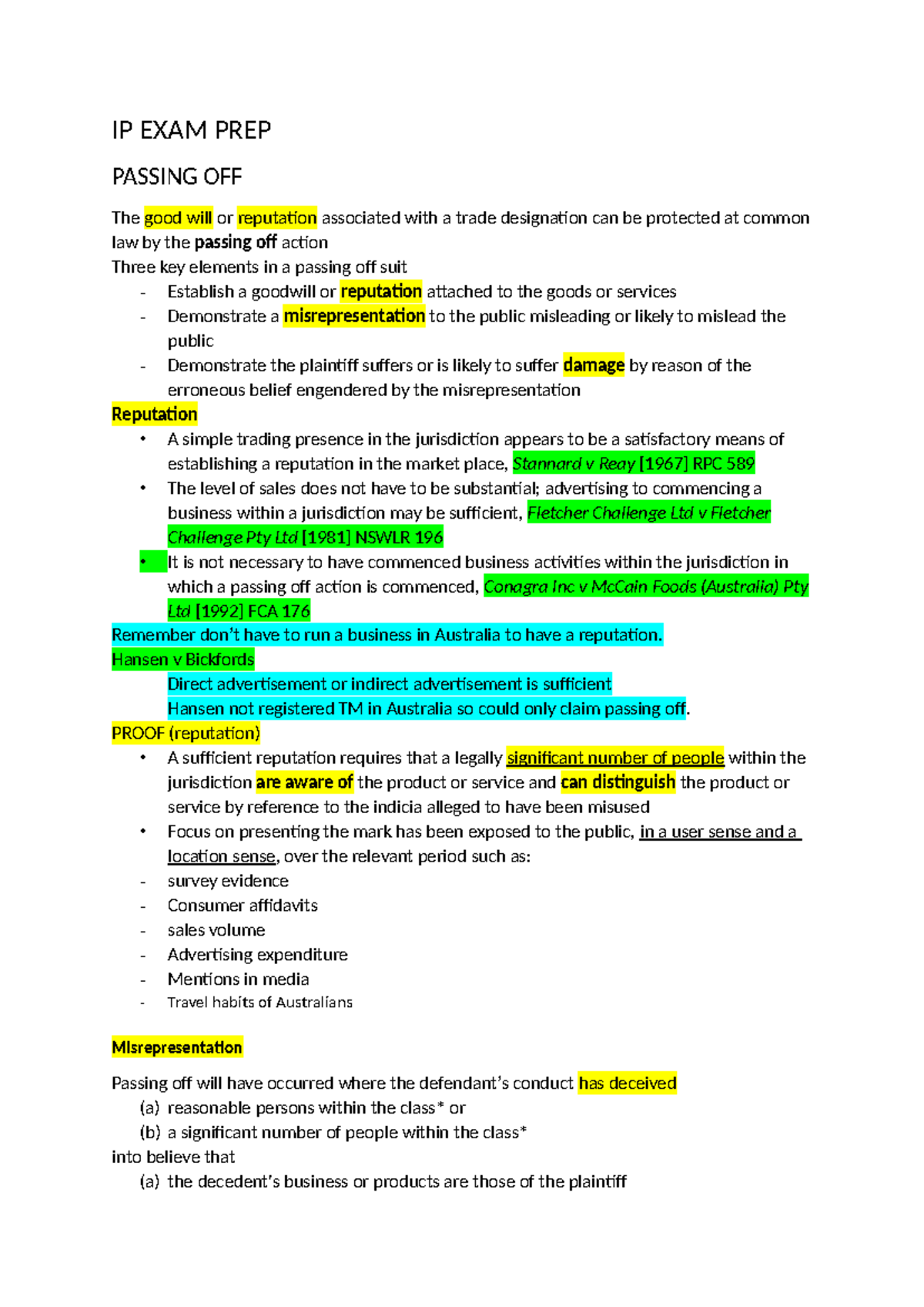 IP EXAM PREP - IP EXAM PREP PASSING OFF The good will or reputation ...
