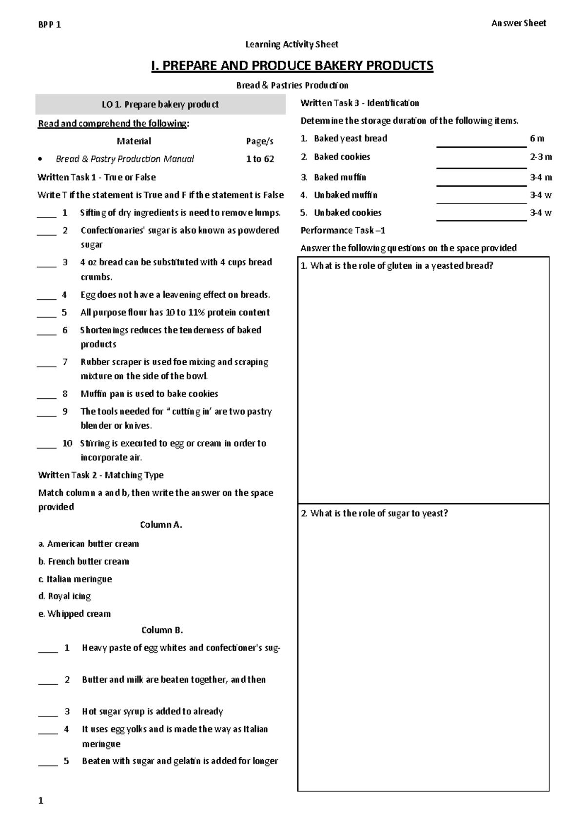 BPP AS 1 - BREAD AND PASTRY - Answer Sheet 1 BPP 1 Learning Activity ...
