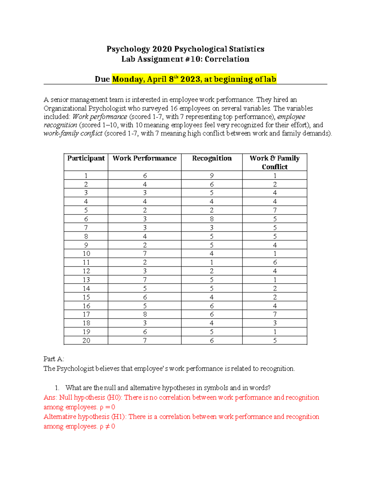 LAB 10 STATISTICS WORK - Psychology 2020 Psychological Statistics Lab ...
