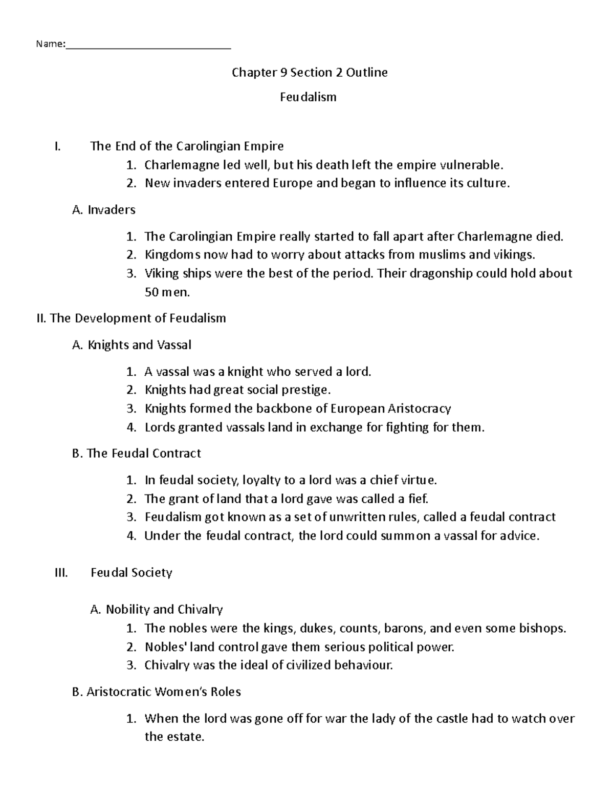 Chapter 9 Section 2 Outline: Medieval Feudalism - Name:______________________________ Chapter 9 ...