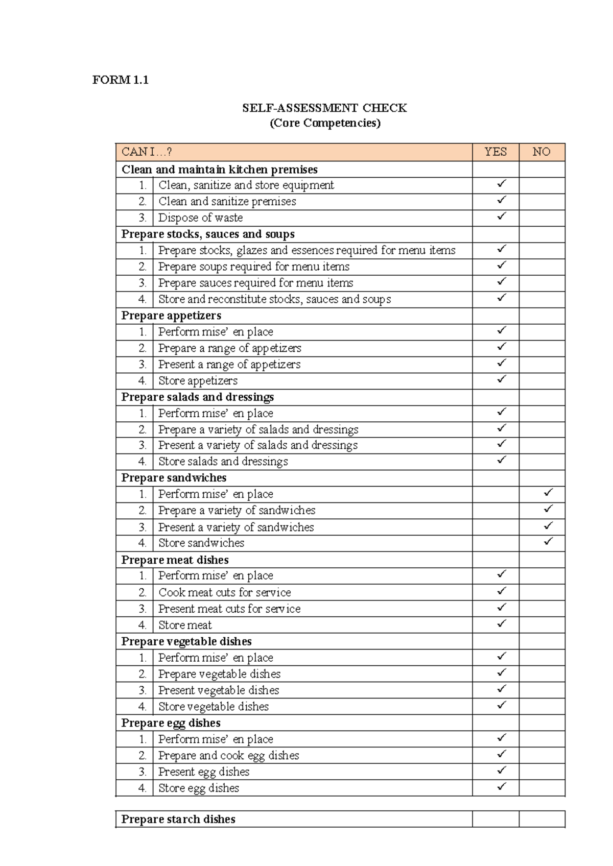 3 Forms 1 to 4 - FORM 1. SELF-ASSESSMENT CHECK (Core Competencies) CAN I...? YES NO Clean and ...