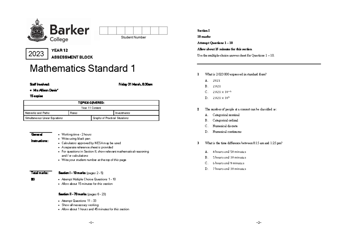 Math standard 1 HSC 2023 Past paper - Mathematics Standard 1 Staff ...