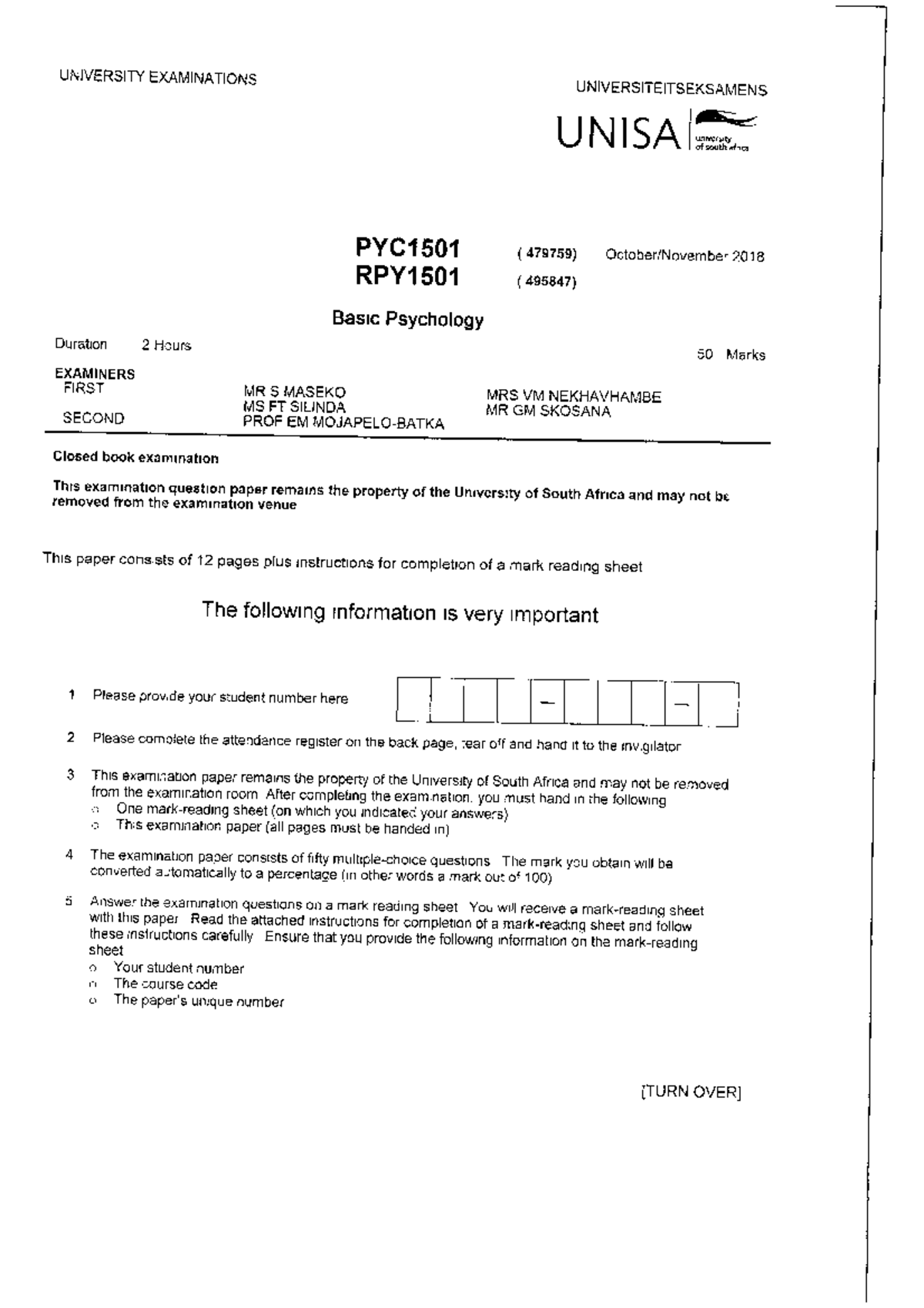 OCT-NOV 2018 Memorandum - UNIVERSITY EXAMINATIONS UNIVERSITEITSEKSAMENS ...