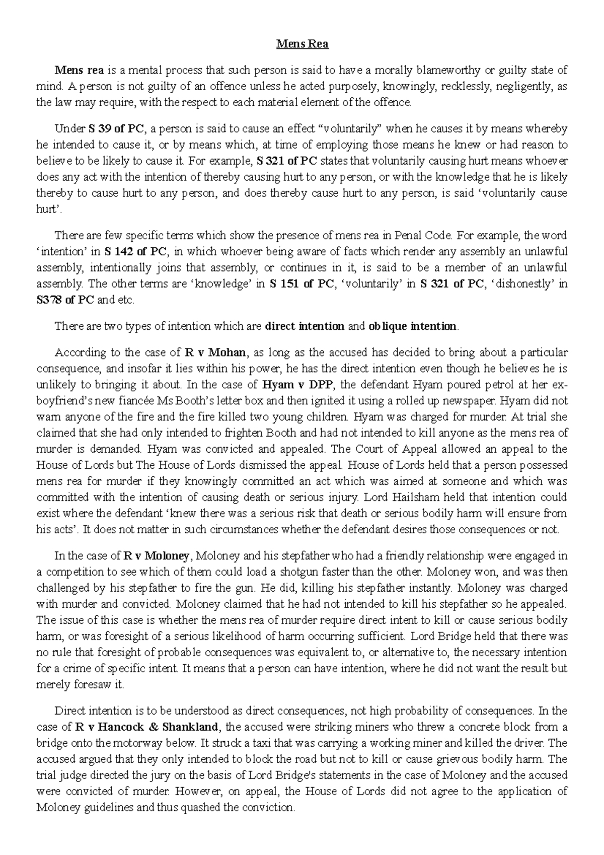 Mens Rea - Explain mens rea and provide the relevant authorities ...