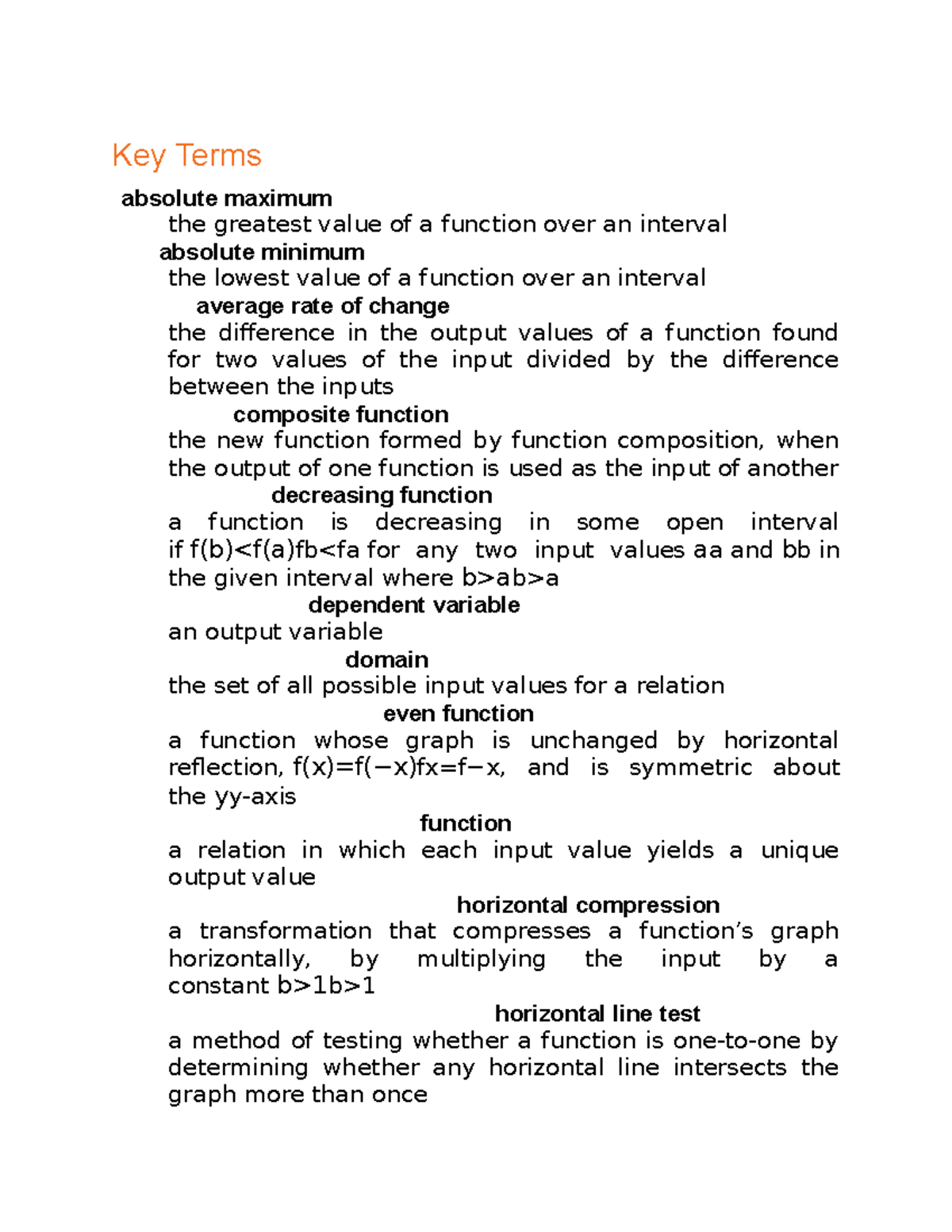 Chapter 3 Functions Assignment Key Terms Absolute Maximum The Greatest Value Of A Function