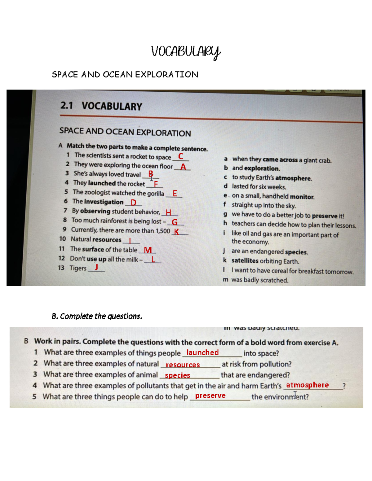 Class activity- unit 2 - actividad clase 3 - VOCABULARY SPACE AND OCEAN ...