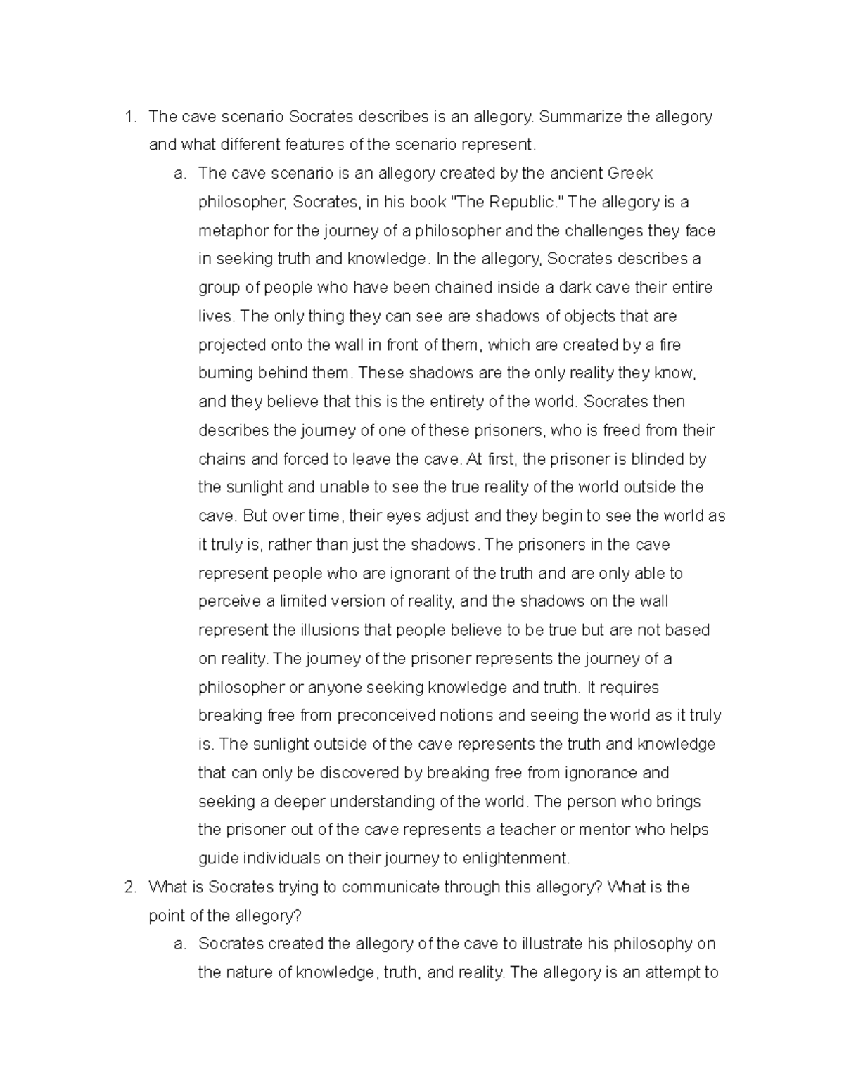 Phil 130 plato rq - Reading questions - The cave scenario Socrates ...